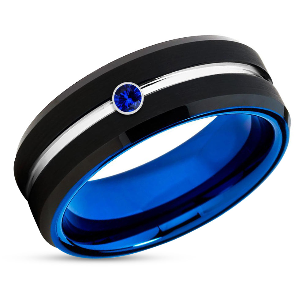 Blue Sapphire Wedding Band Black Tungsten Ring Black Wedding Ring Blue Tungsten 13 Blue and Black Tungsten Carbide